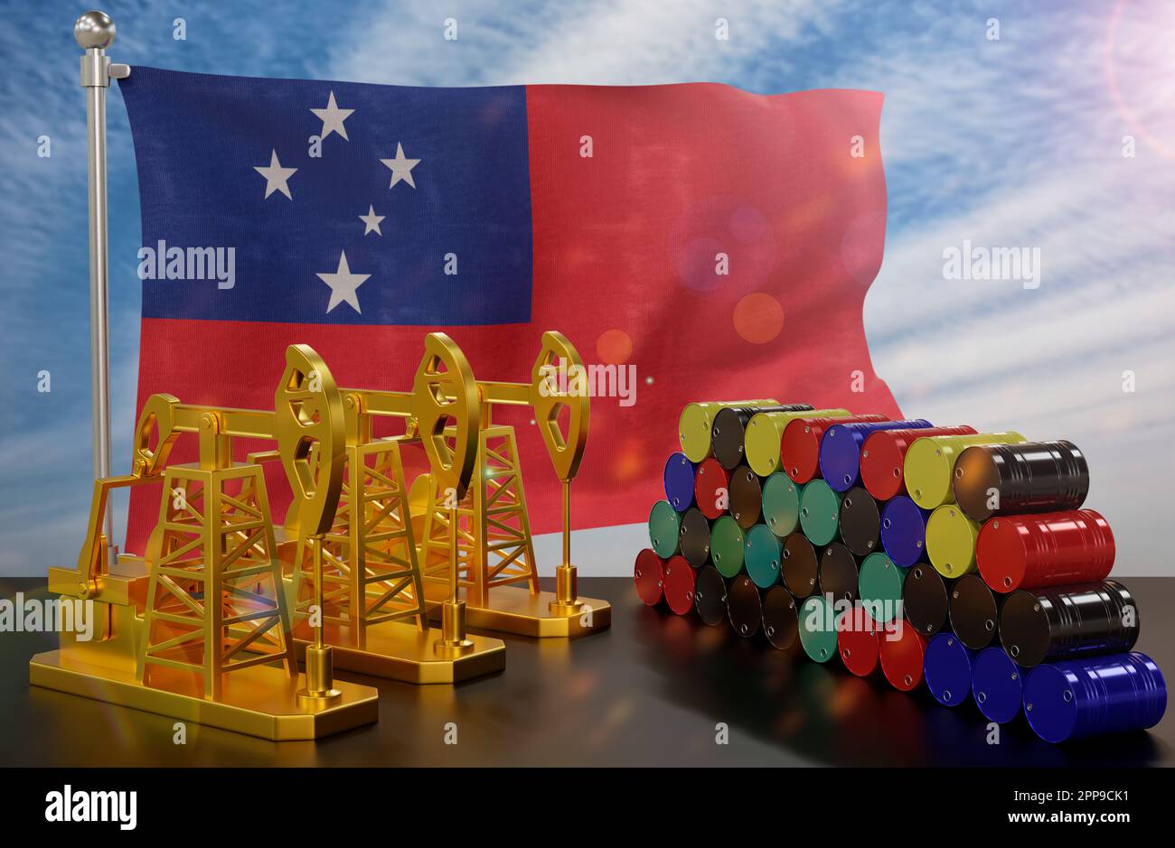 The Western Samoa's petroleum market. Oil pump made of gold and barrels ...