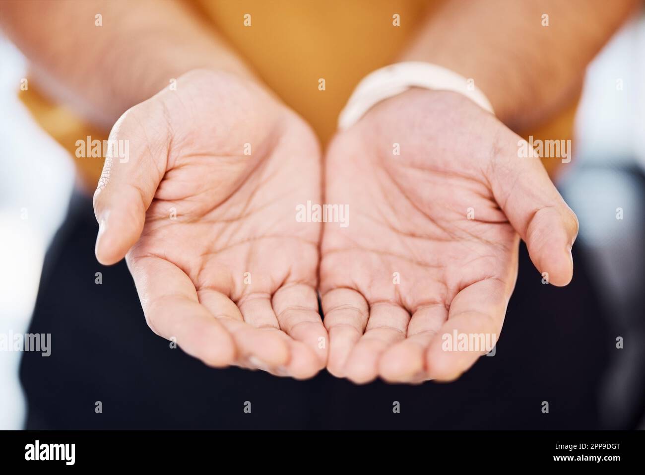 Closeup, charity and hands for begging, help and community with support ...