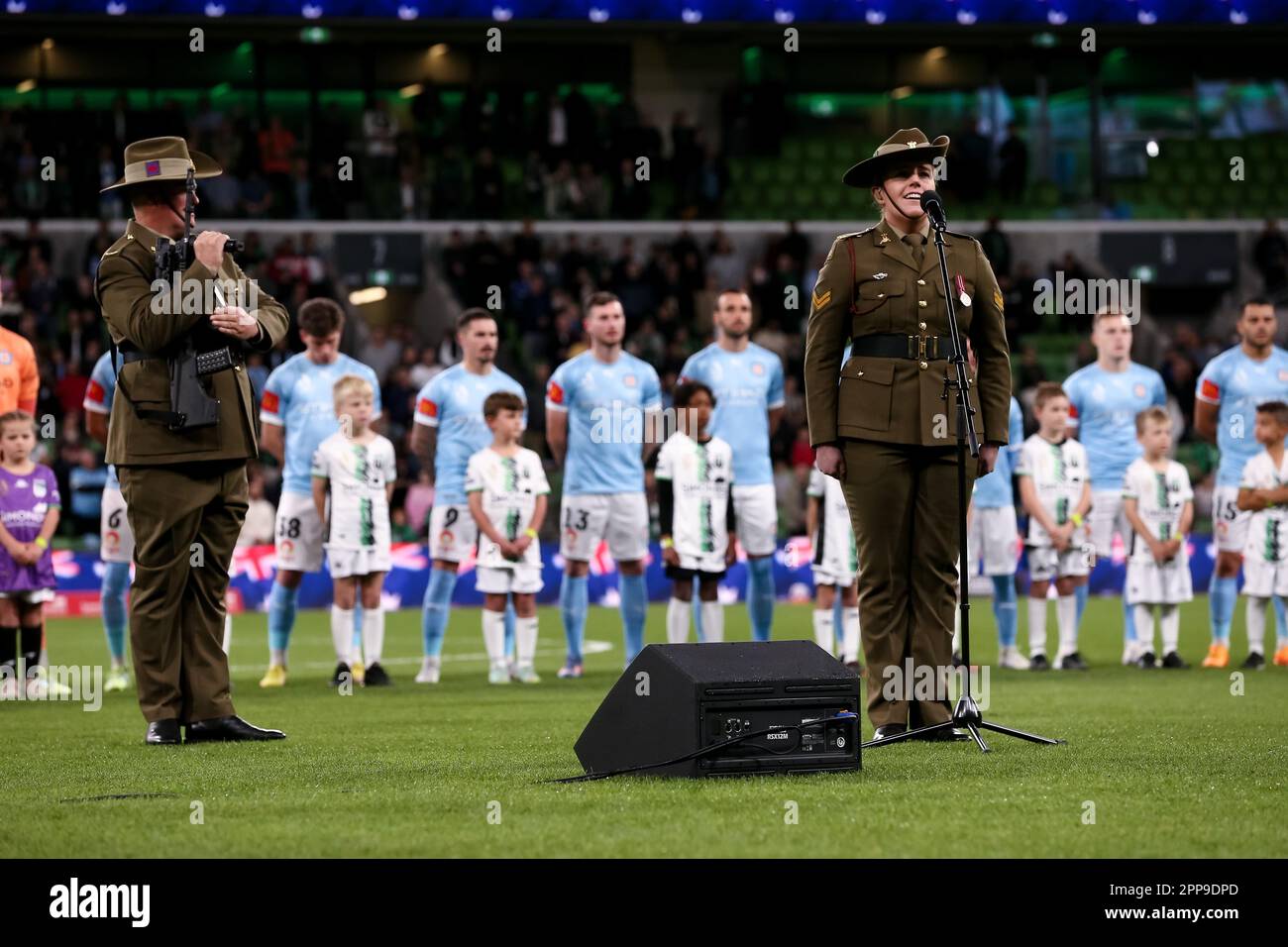 Melbourne, Australia, 22 April, 2023. An ADF officer sings the national ...