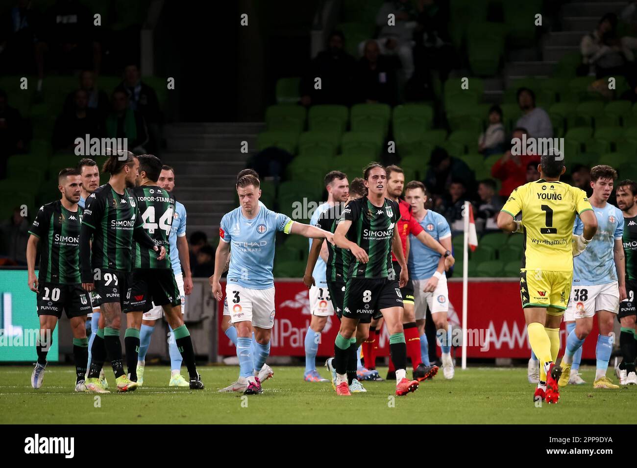 Melbourne, Australia, 22 April, 2023. Players are seen pulling Lachlan ...