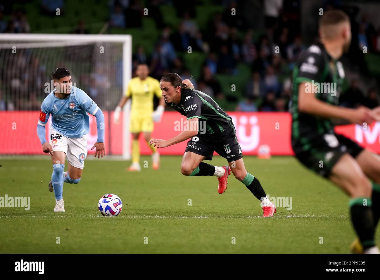 Melbourne, Australia, 22 April, 2023. Lachlan Wales of Western United ...