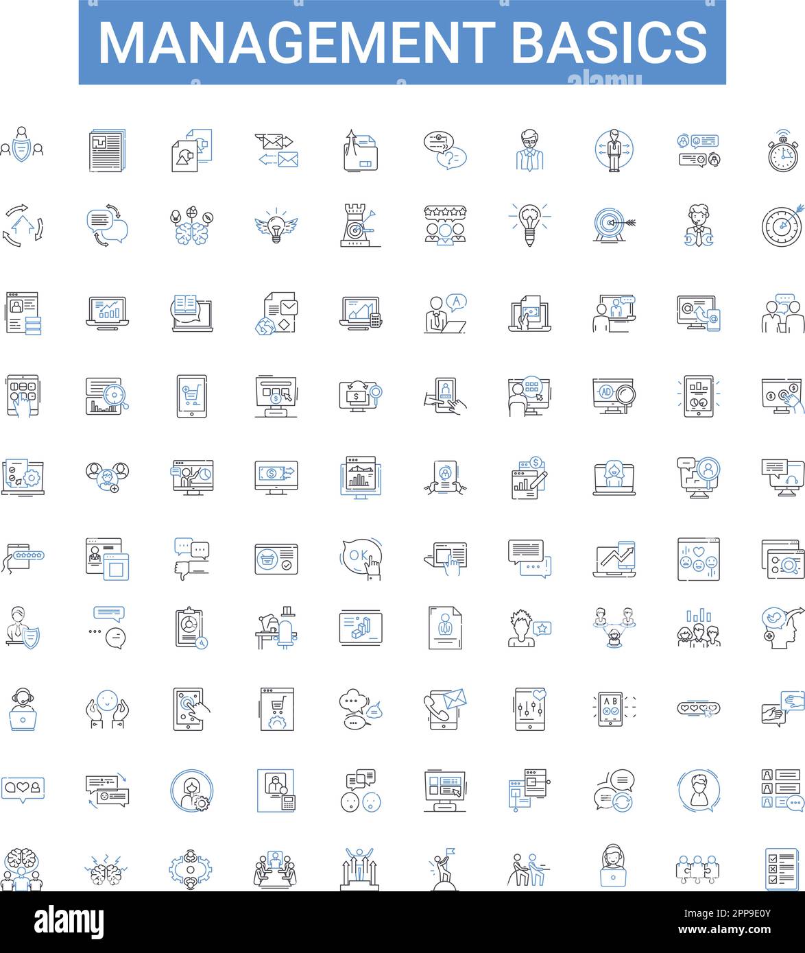 Management basics outline icons collection. Leadership, Planning, Hiring, Organising, Monitoring ...