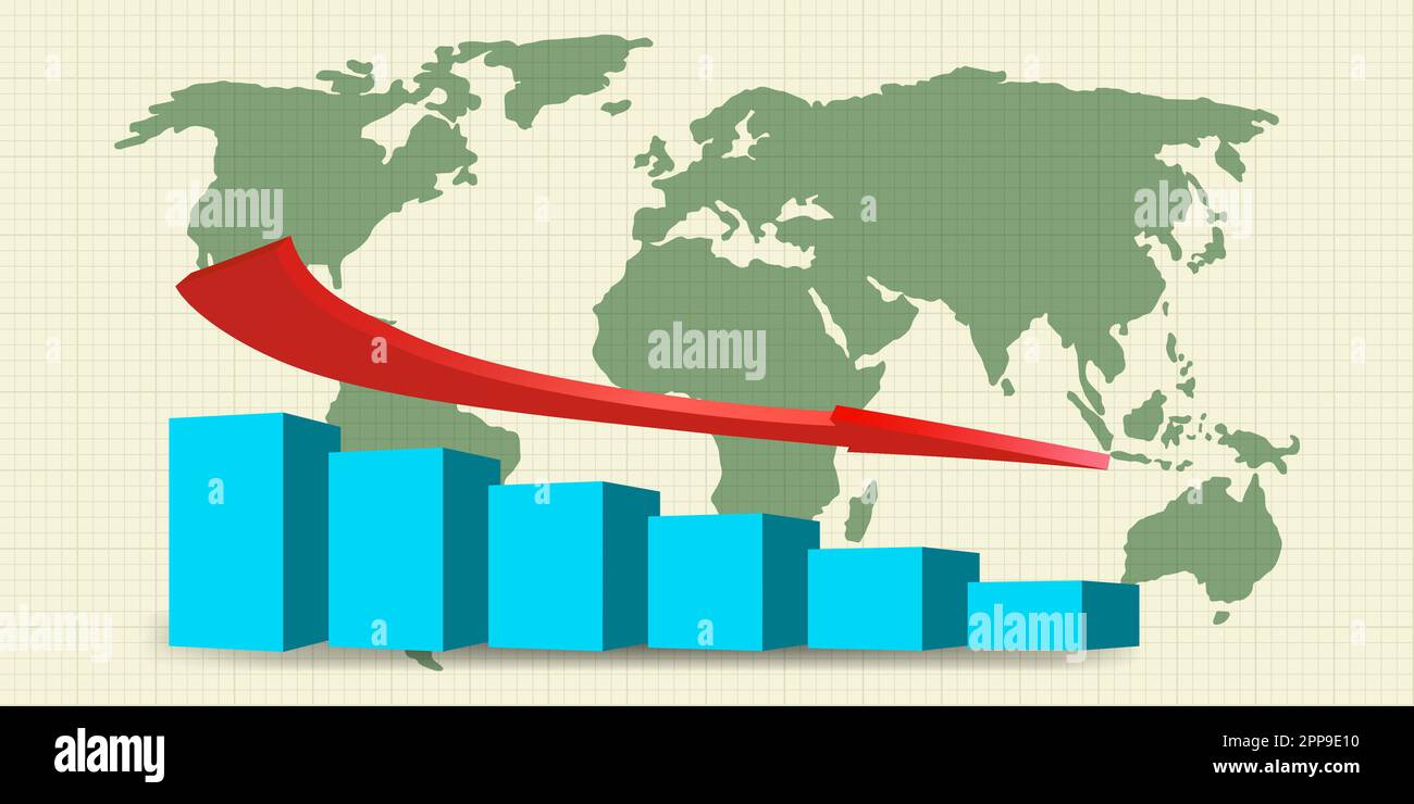 World crisis, decrease chart, moving down arrow on background global map. Chart of financial ...