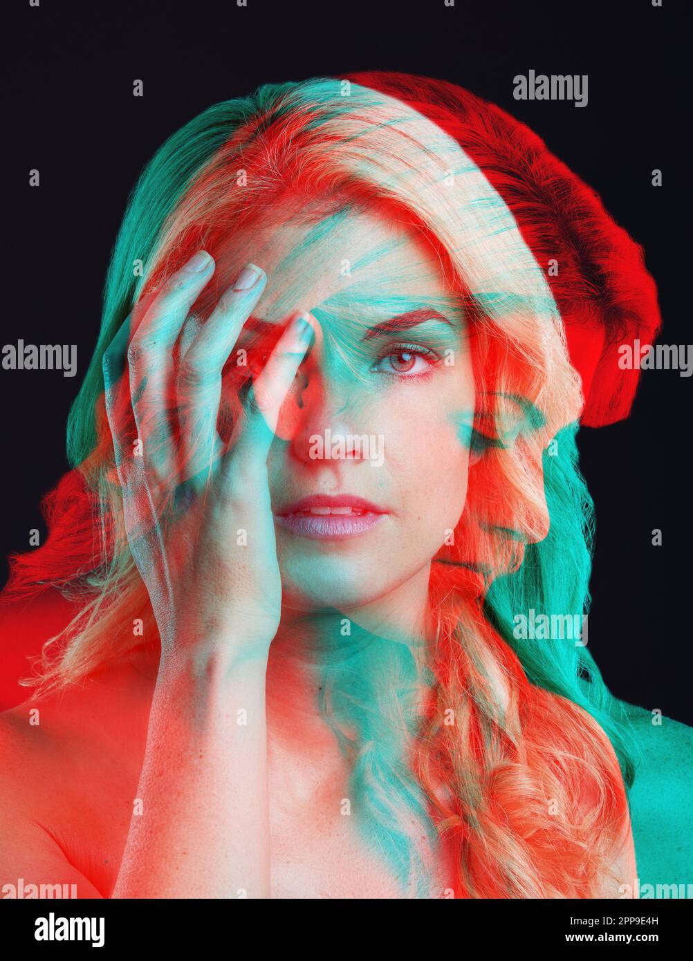 Double exposure, beauty and portrait of woman on black background for ...