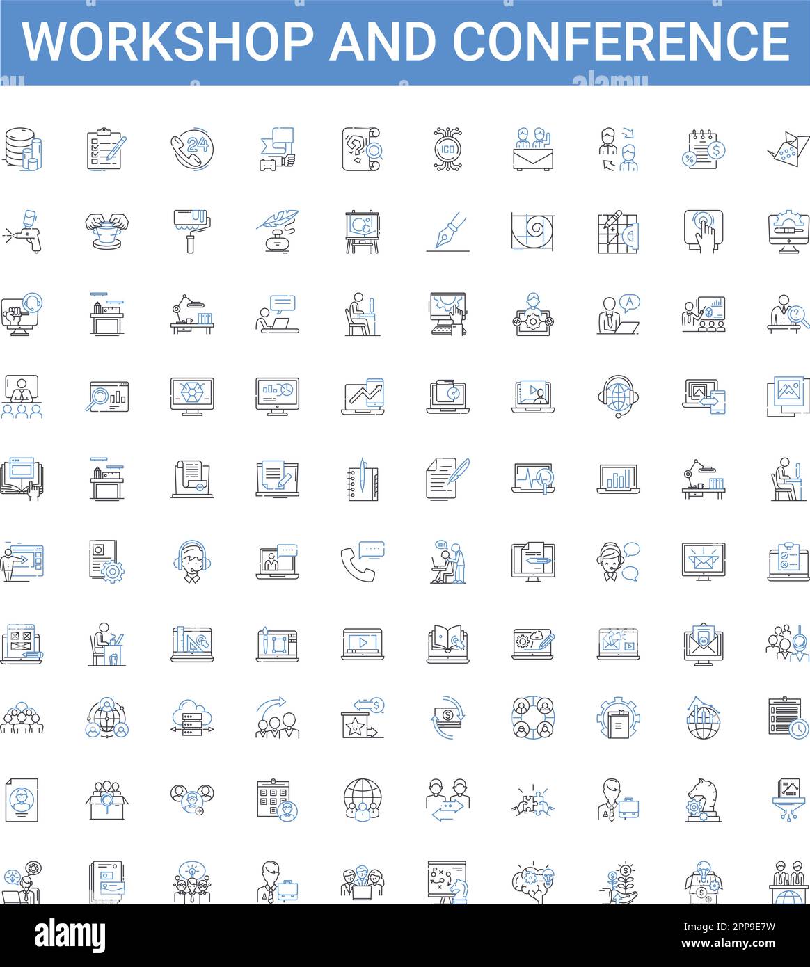 Workshop and conference outline icons collection. workshop, conference, training, development ...