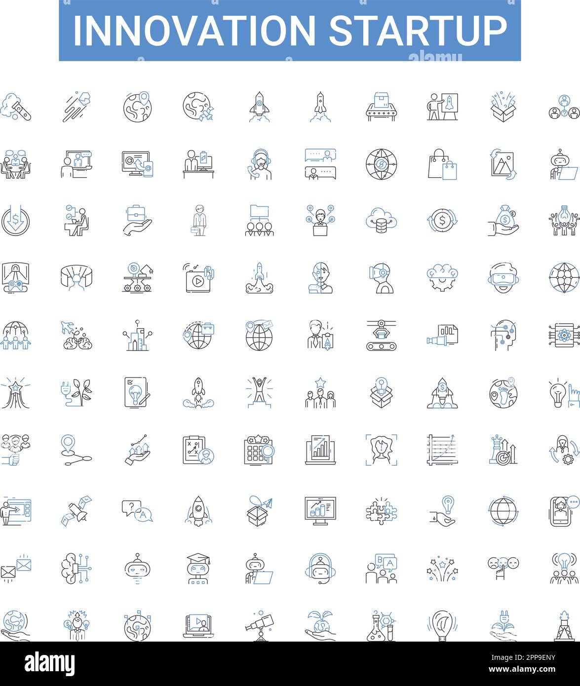 Innovation startup outline icons collection. Innovative, Startup, Novel, Enterprising, Creative ...