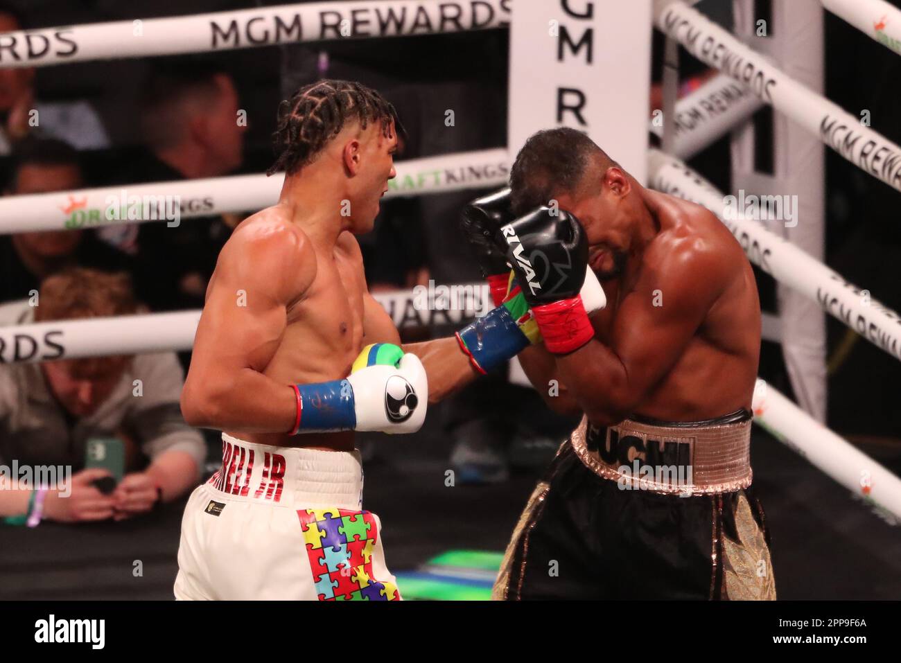 LAS VEGAS, NEVADA -April 22: (L-R) David Morrell Jr. punches Yamaguchi ...