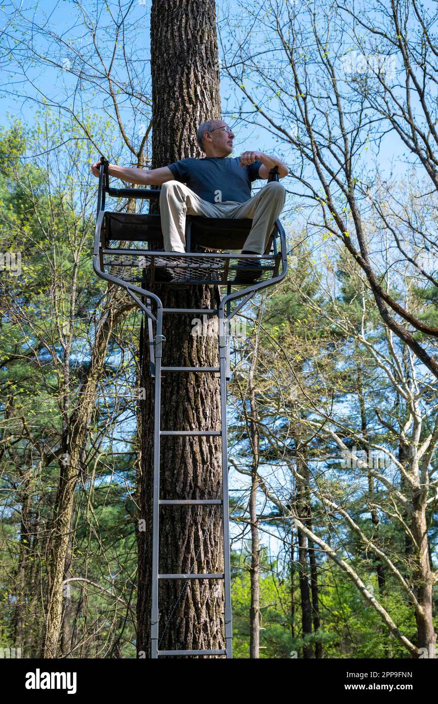 One man sitting in a hunting tree stand against a tree in the woods ...