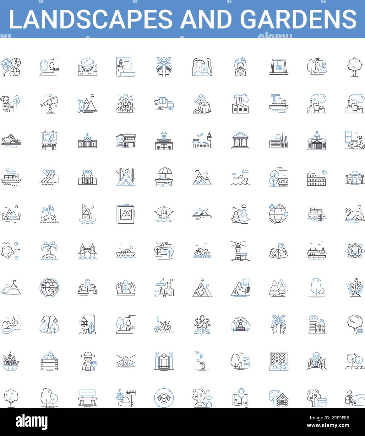 Landscapes and gardens outline icons collection. Landscapes, Gardens ...