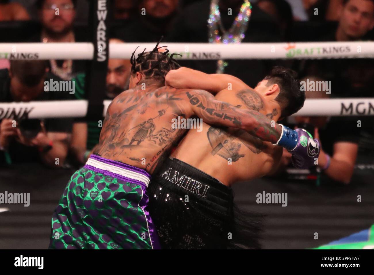 LAS VEGAS, NEVADA -April 22: (L-R) Gervonta Davis clinches Ryan Garcia ...