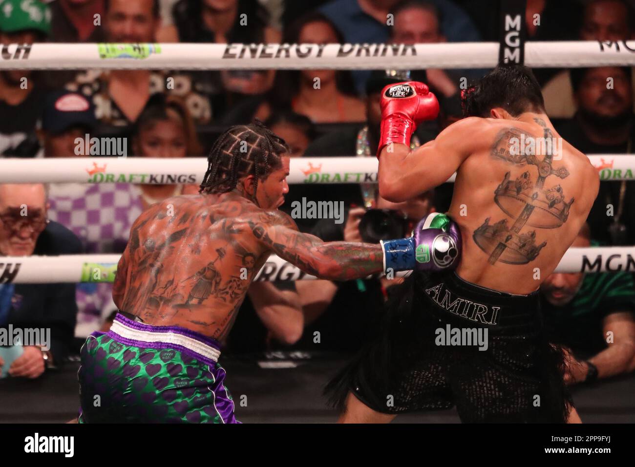 LAS VEGAS, NEVADA -April 22: (L-R) Gervonta Davis punches Ryan Garcia ...