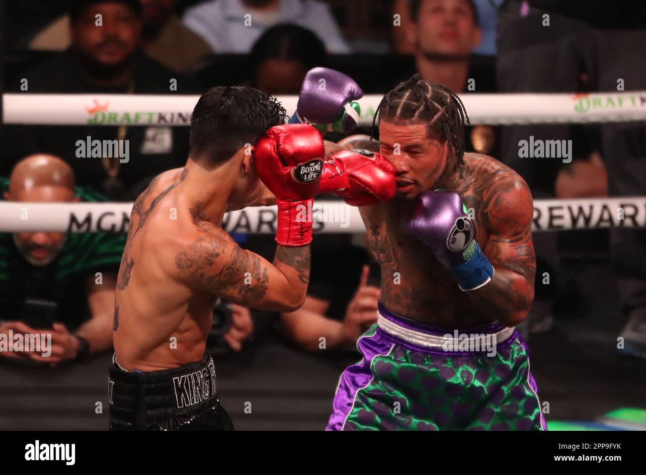 LAS VEGAS, NEVADA -April 22: (L-R) Ryan Garcia punches Gervonta Davis ...
