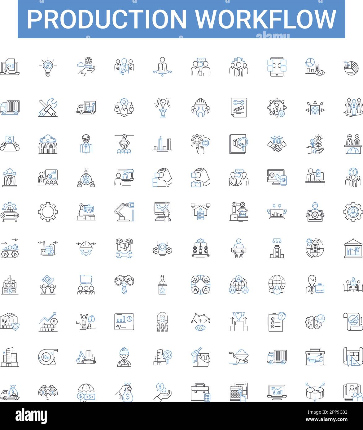 Production workflow outline icons collection. Manufacture, Process ...