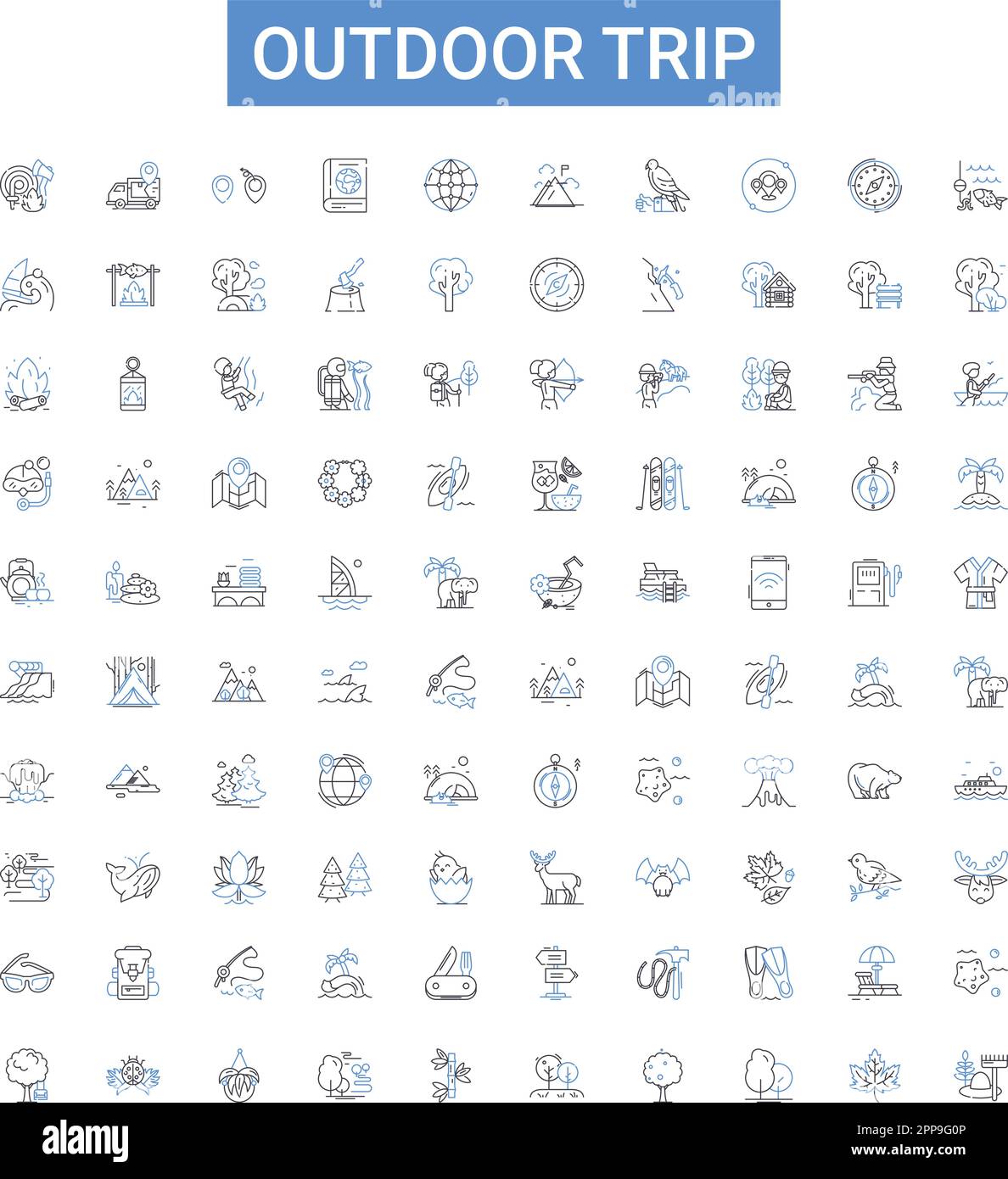 Outdoor trip outline icons collection. Hiking, Trekking, Camping ...