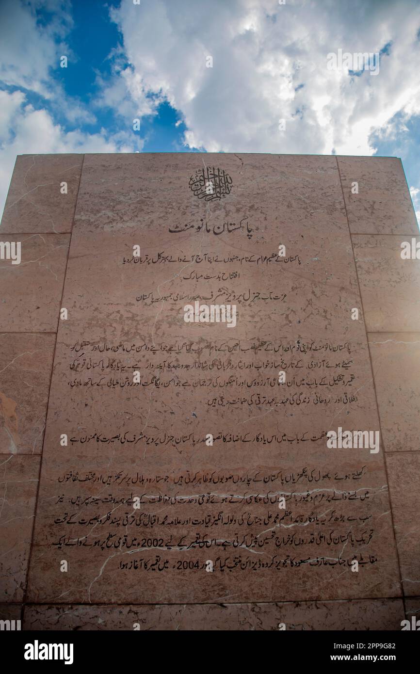 View of Pakistan Monument at the heart of Islamabad, Sign board of ...