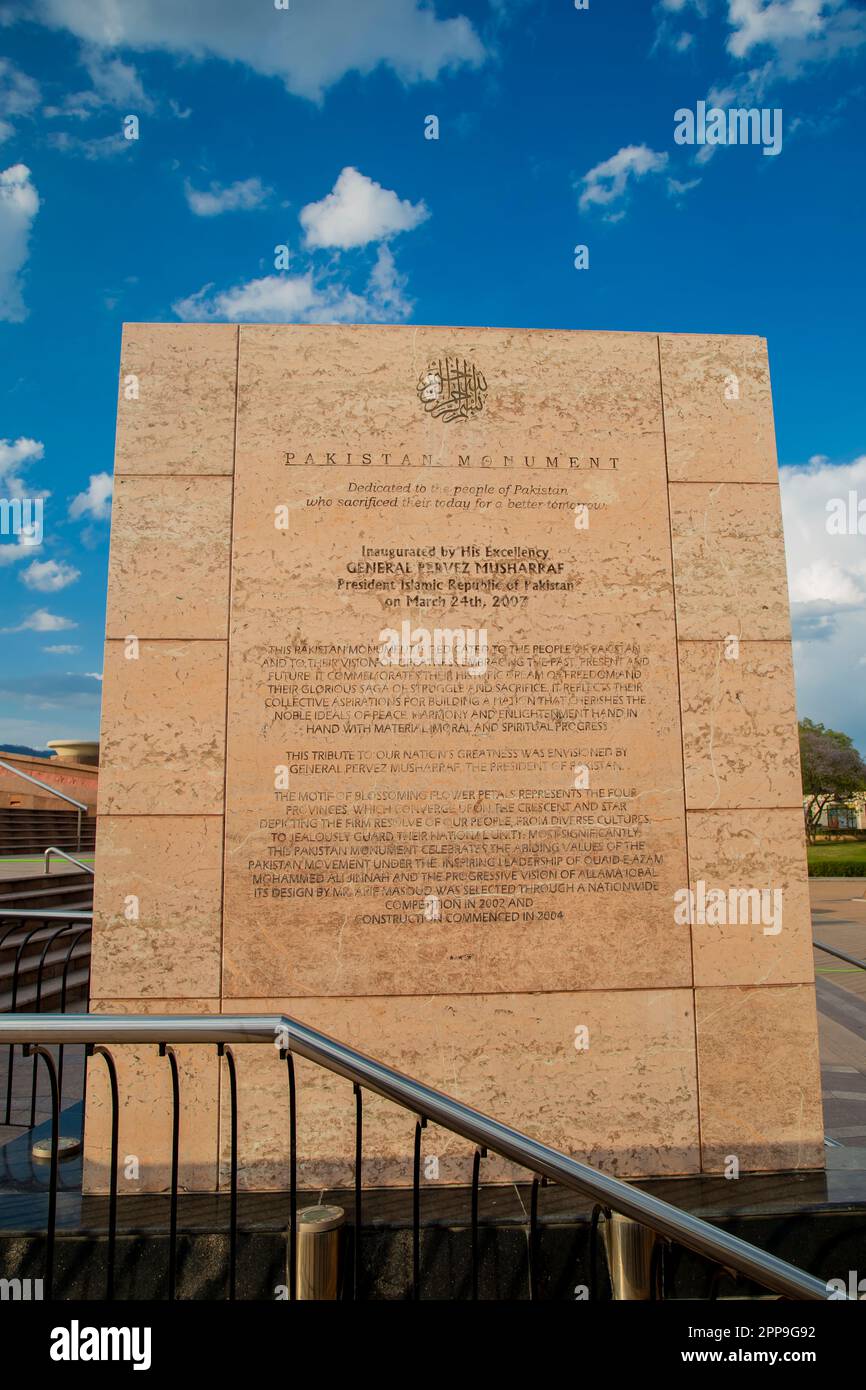 View of Pakistan Monument at the heart of Islamabad, Sign board of ...