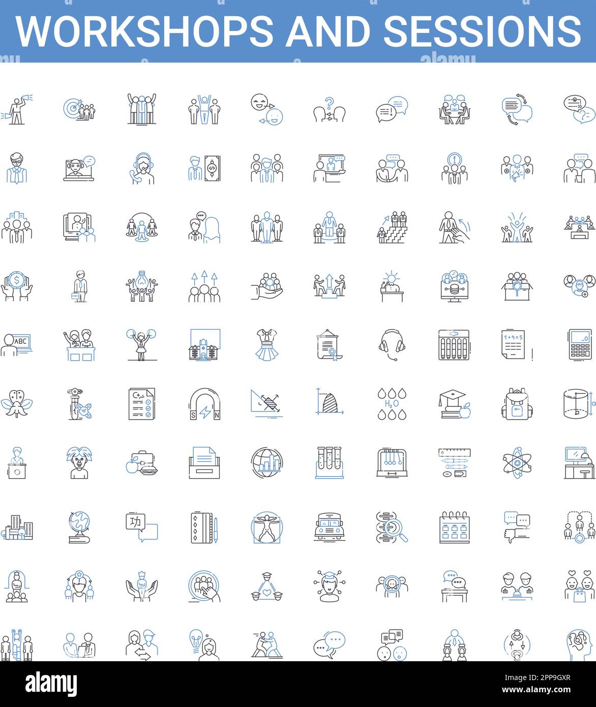 workshops and sessions outline icons collection. workshops, sessions, training, development ...