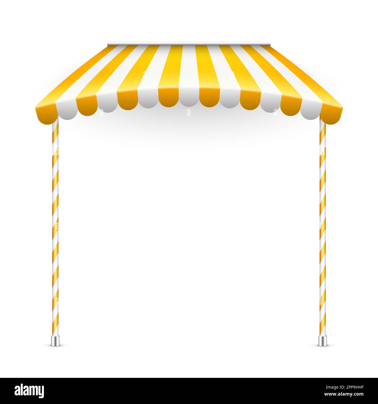 Yellow shop sunshade with stand holders. Realistic striped cafe awning ...