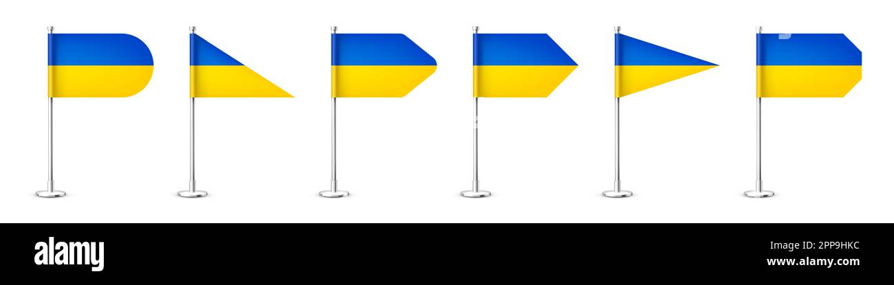 Realistic various Ukrainian table flags on a chrome steel pole ...