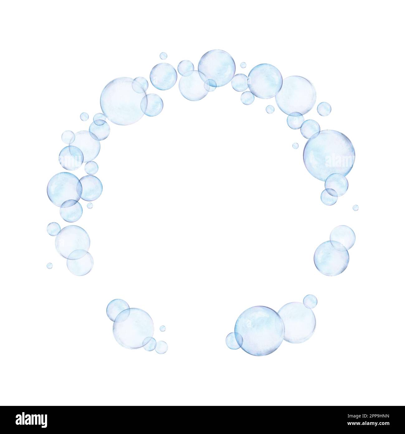 Watercolor drawn round frame from different size blue air bubbles on ...
