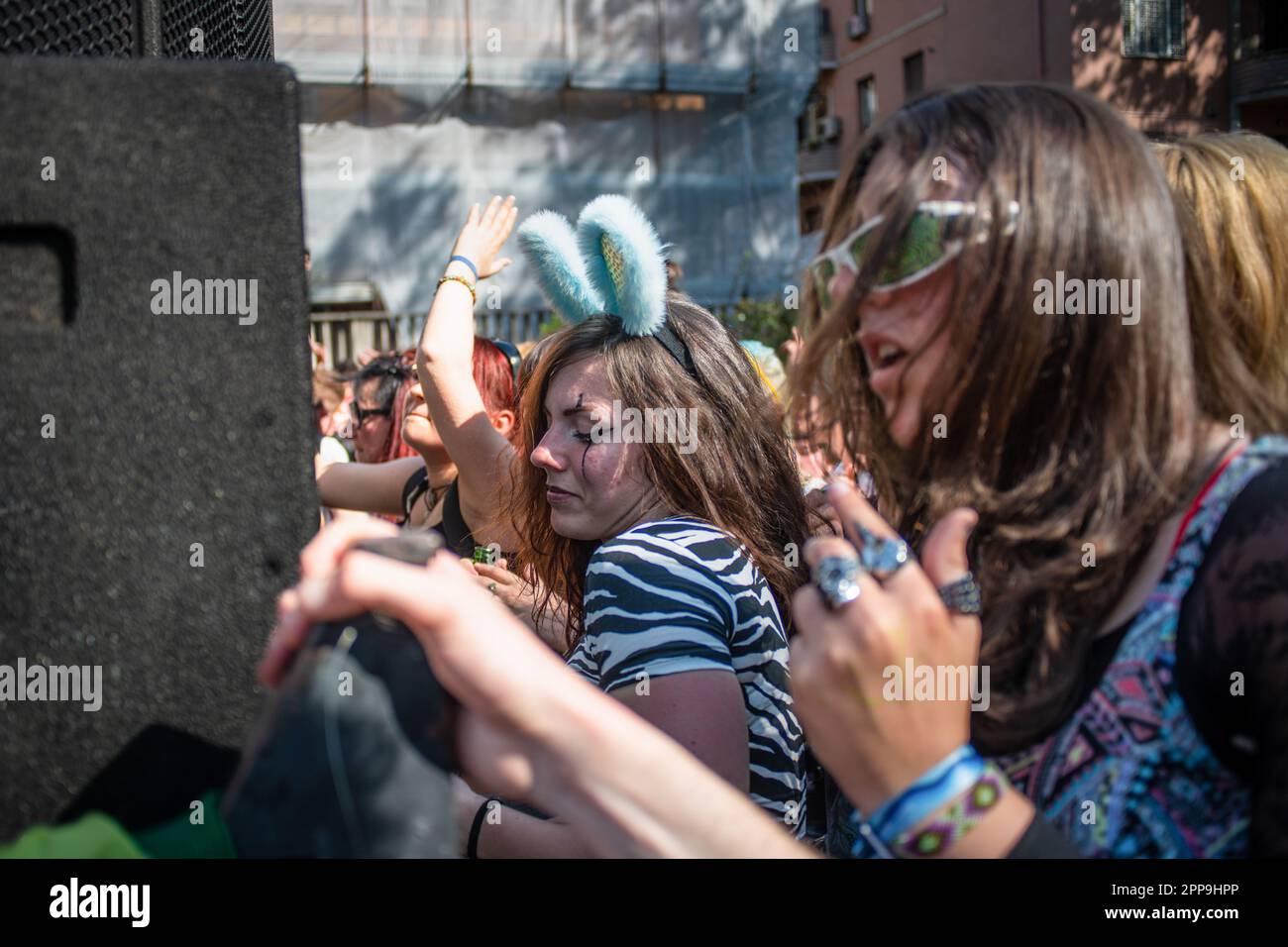 Rome, Italy. 22nd Apr, 2023. Protesters dance next to speakers at ...
