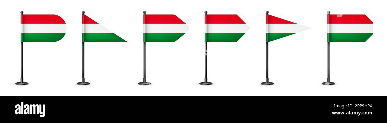 Realistic various Hungarian table flags on a black steel pole. Souvenir ...