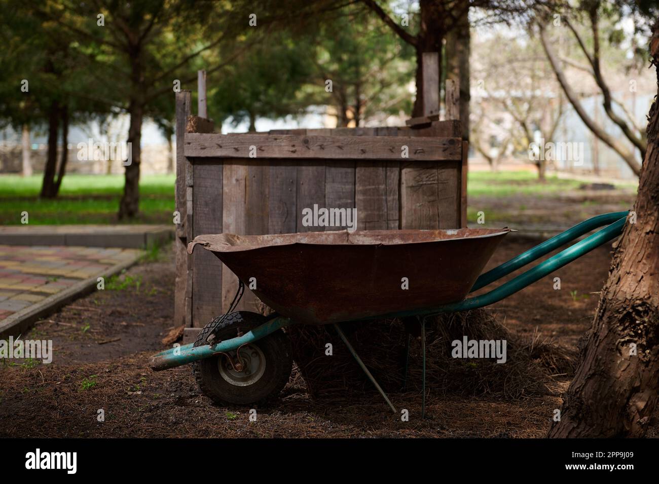 Still life with wheelbarrow standing near compost pit in a garden plot ...