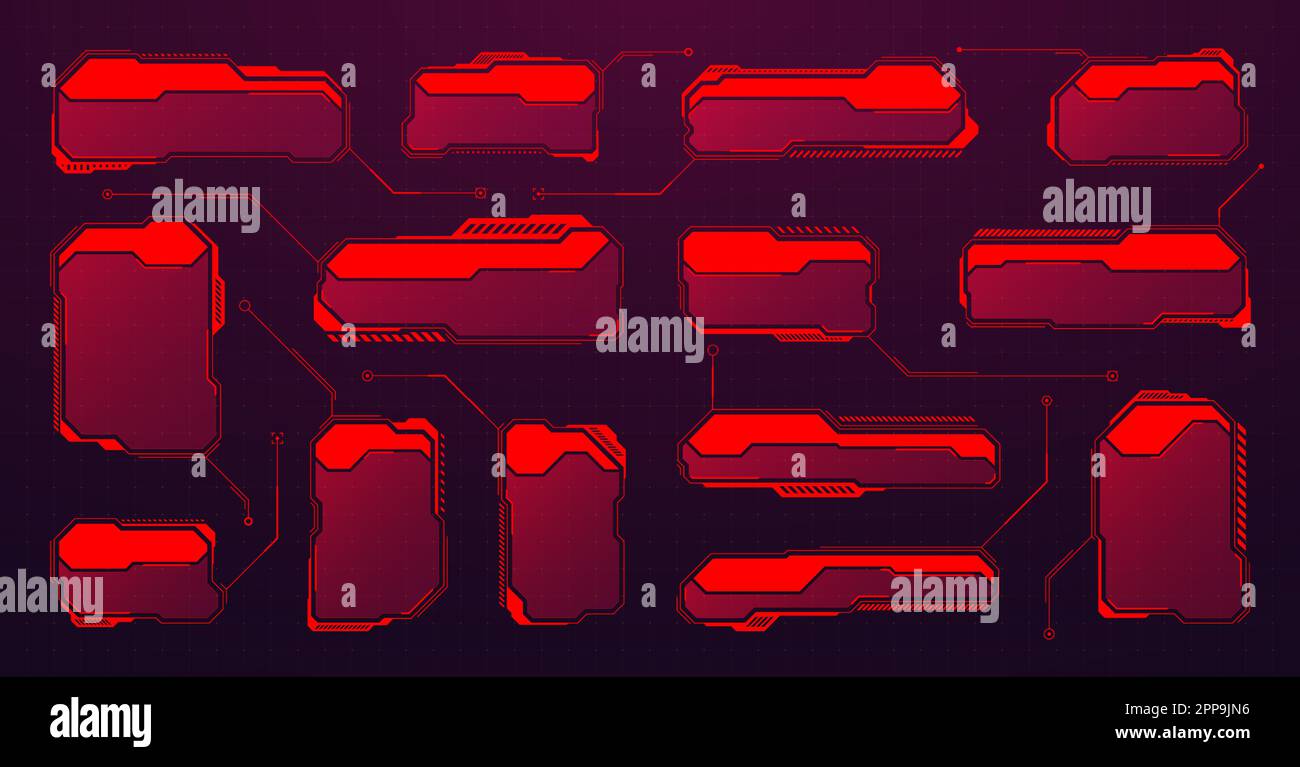 Red futuristic HUD or UI elements. Sci-fi user interface text boxes, callouts. Warning message ...