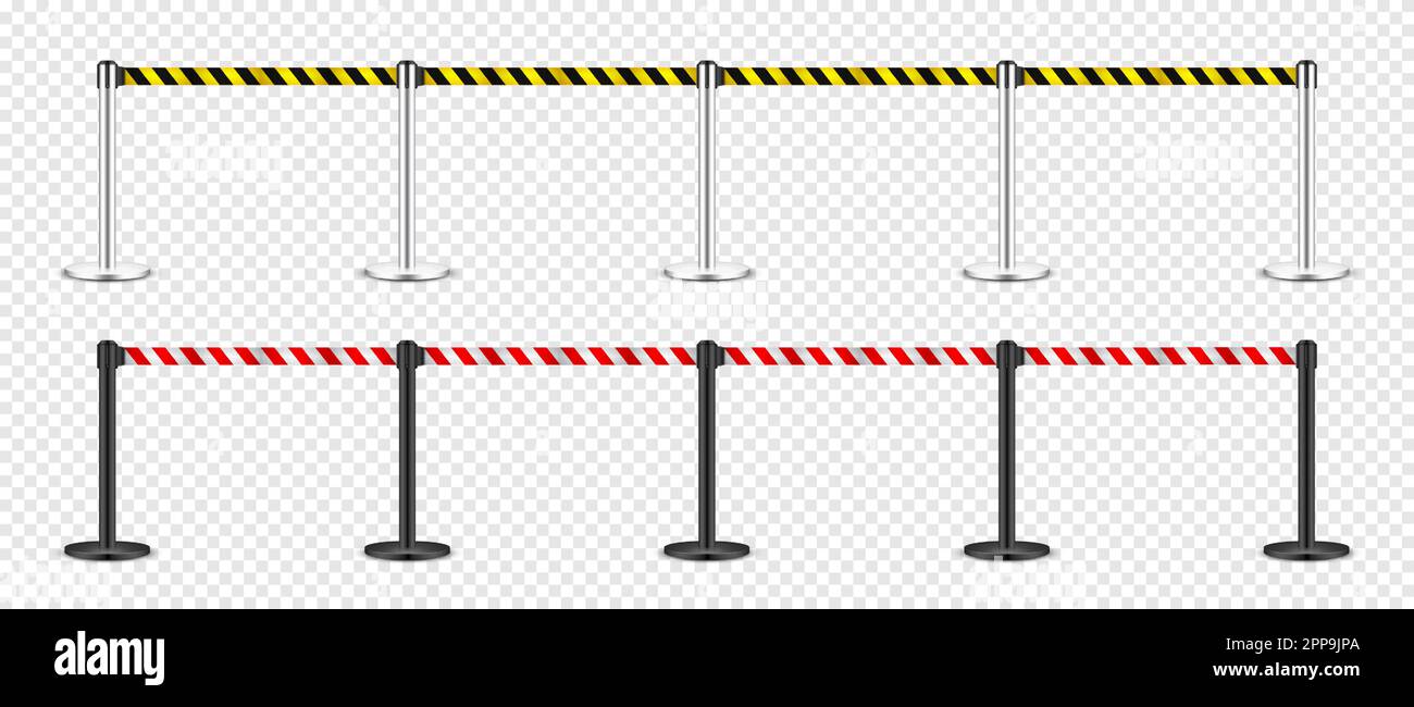 Realistic yellow and red retractable belt stanchion. Crowd control ...