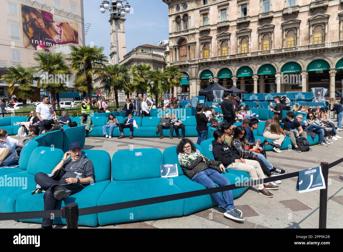 Milan, Italy - april 2023 -Fuorisalone Milan design week - Duomo square sofa over 70 metres long ...