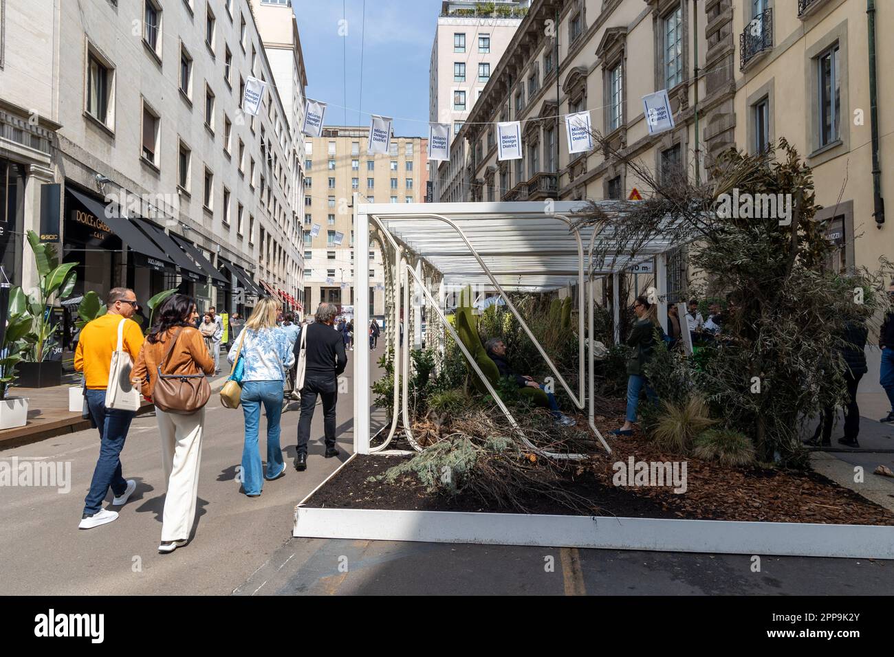 Milan, Italy - april 22 2023 -Fuorisalone Milan design week - Via Durini design district Credit ...