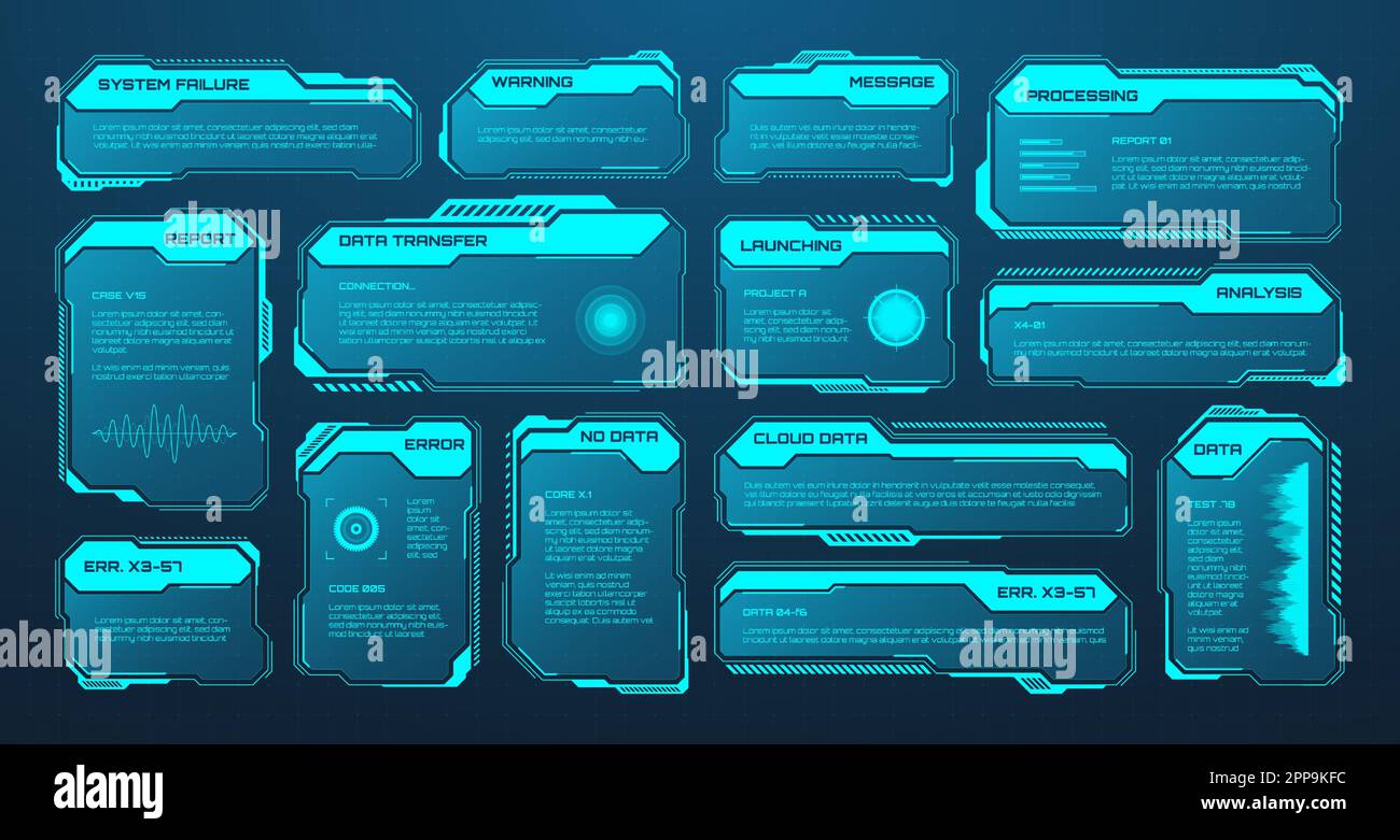 Blue futuristic HUD or UI elements. Sci-fi user interface text boxes, callouts. Warning message ...