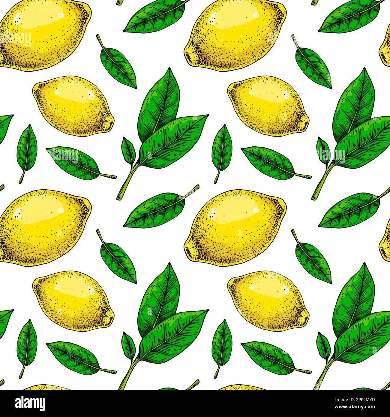 Lemon seamless pattern. Colorful hand drawn vector illustration in sketch style. Tropical exotic ...