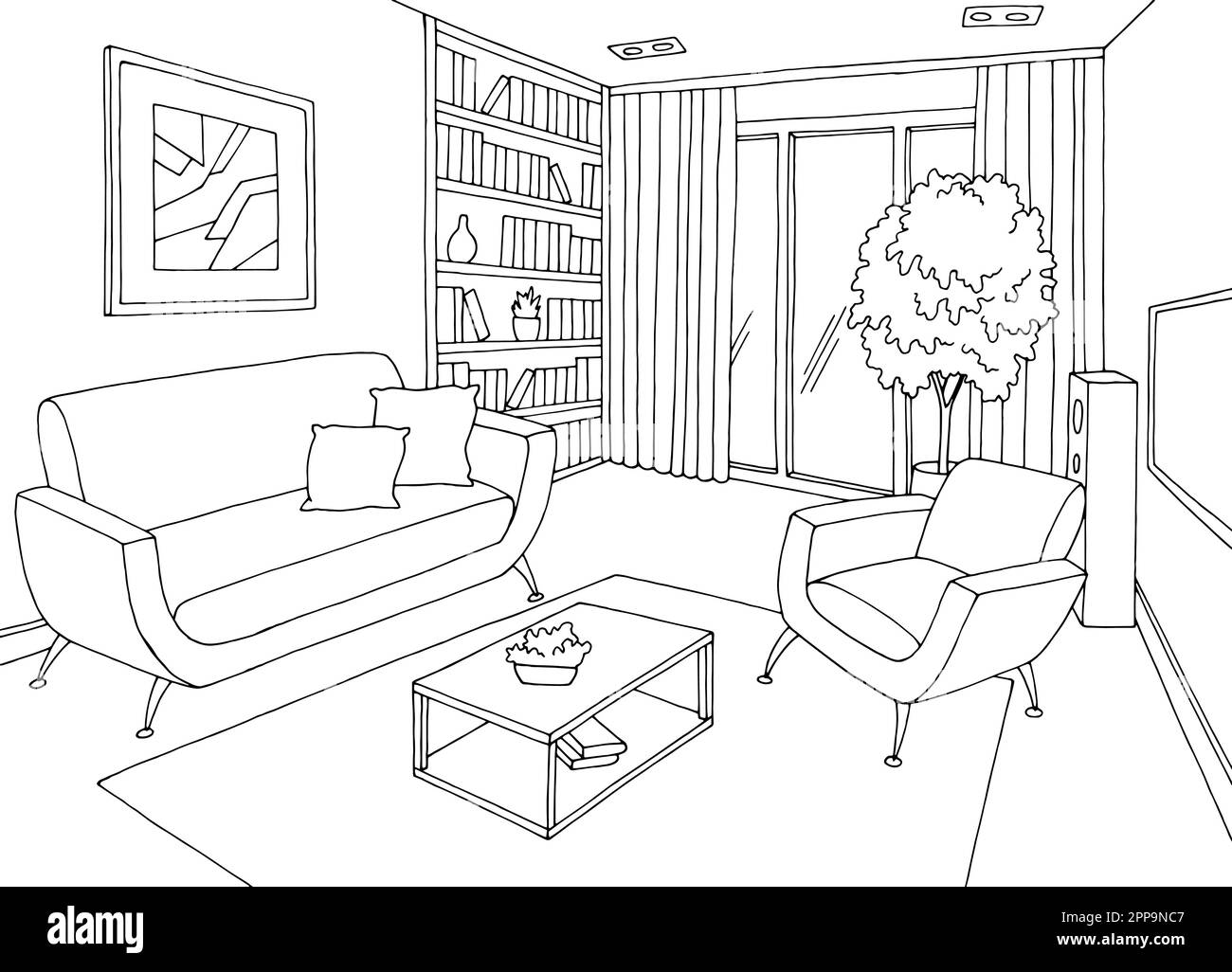 Living room graphic black white interior sketch illustration vector ...