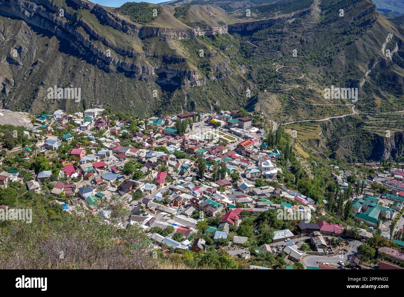 Top view of the mountain village of Gunib on an autumn day. Republic of ...