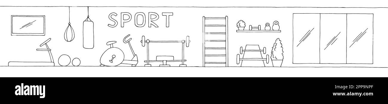 Gym interior graphic black white long sketch illustration vector Stock ...
