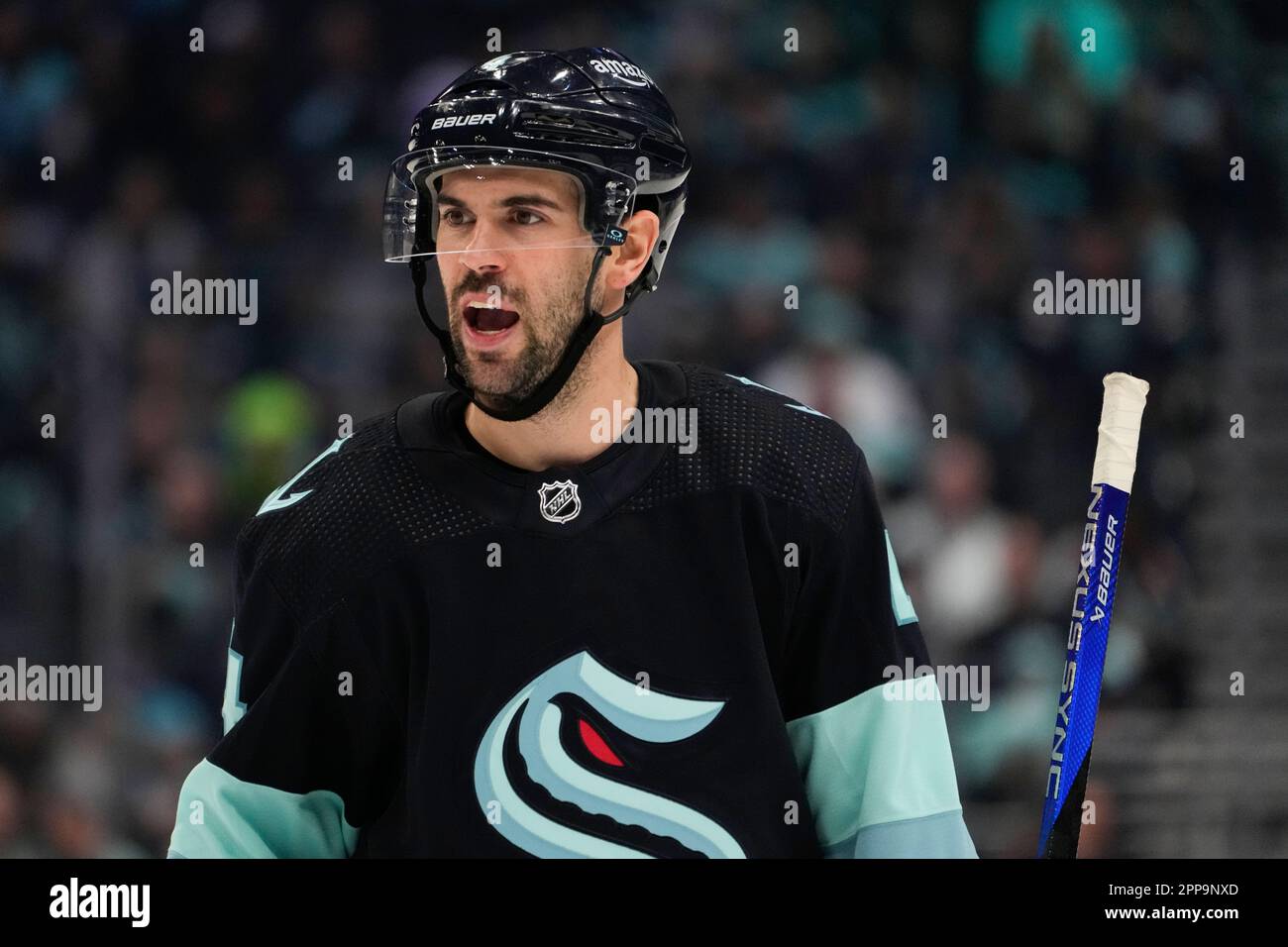 Seattle Kraken defenseman Justin Schultz (4) looks on against the ...