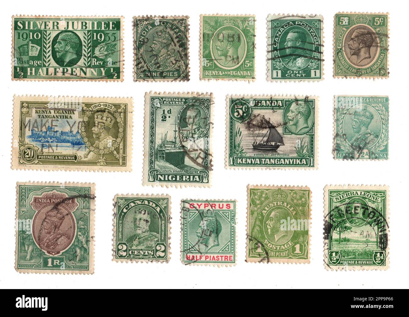 King George V postage stamps from around the world isolated on a white ...