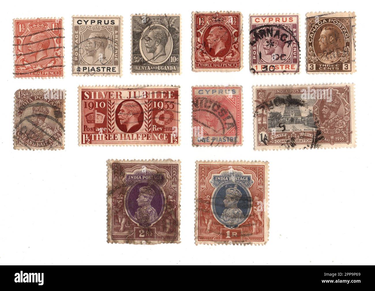King George V postage stamps from around the world isolated on a white ...