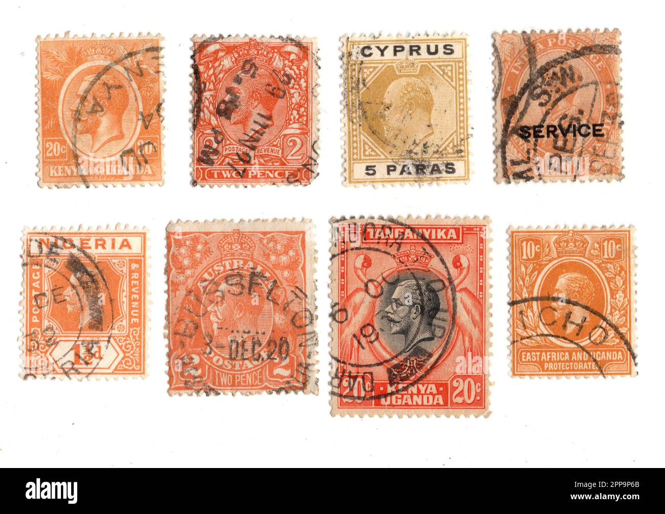 King George V postage stamps from around the world isolated on a white ...
