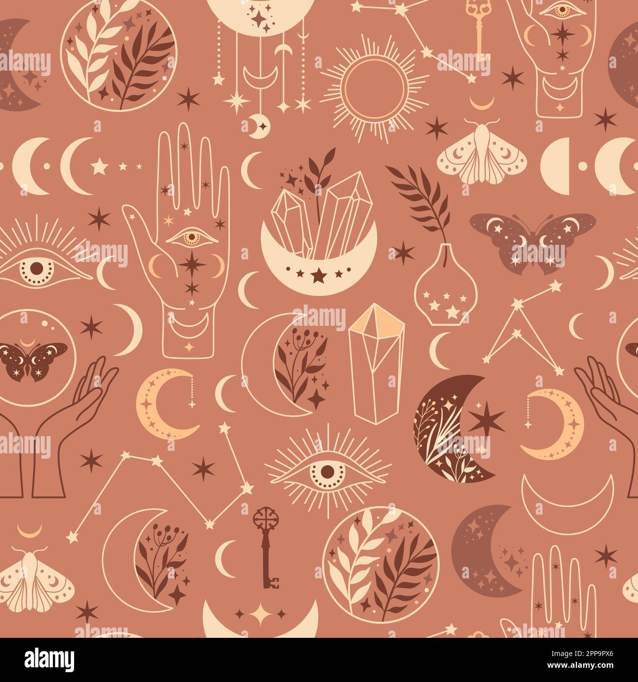 Seamless pattern Mystical moon phases and woman hands and moth, alchemy ...
