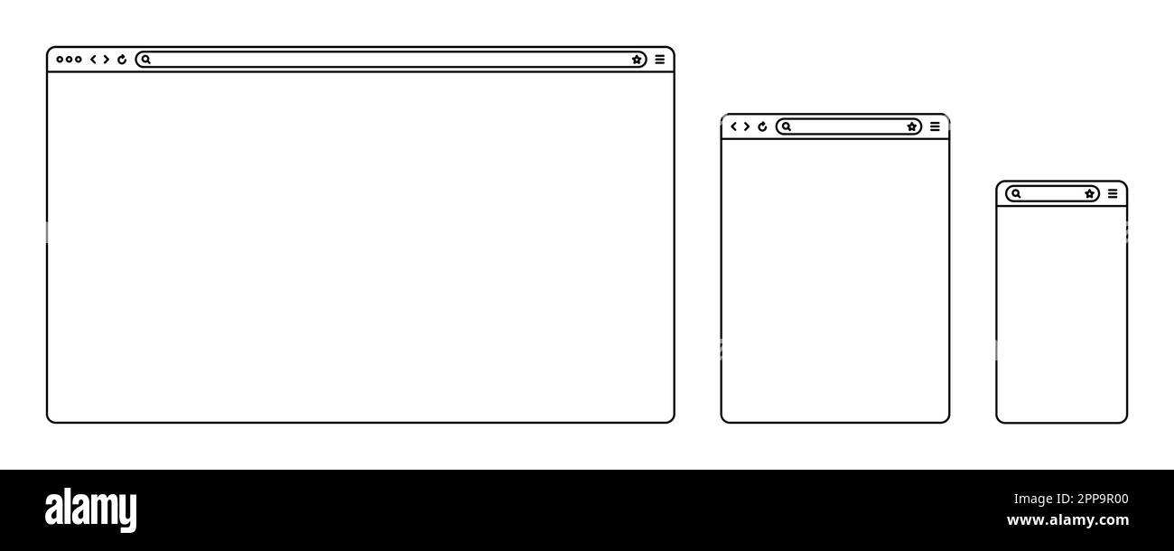 Blank web browser, internet page window with toolbar and search field. Modern website in flat ...