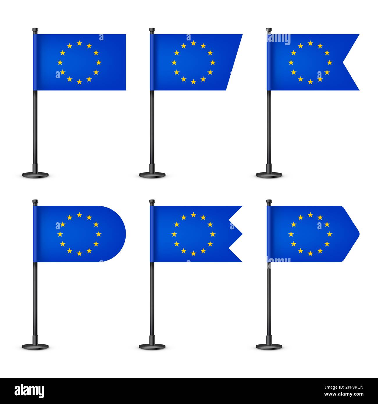 Realistic various European table flags on a black steel pole. Souvenir ...