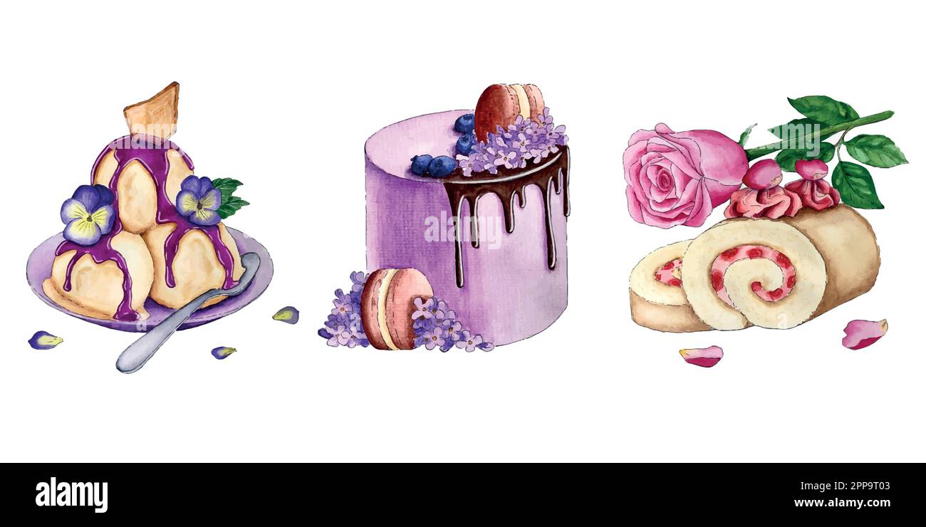 Sweets and desserts illustrations. Food arrangements for cards and ...