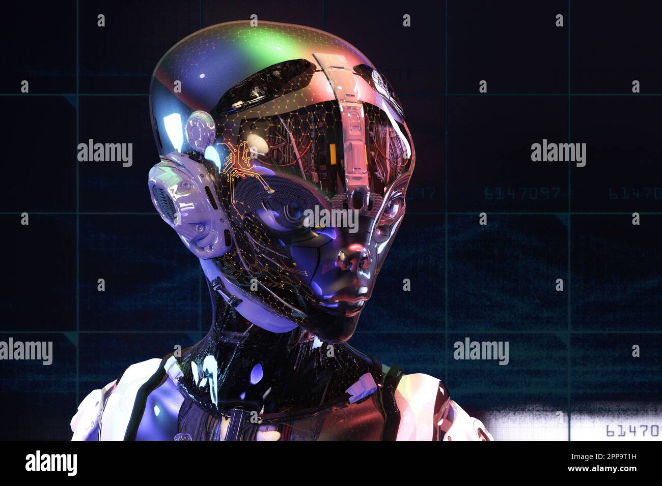 Artistic 3D illustration of a cyborg with artificial intelligence Stock ...
