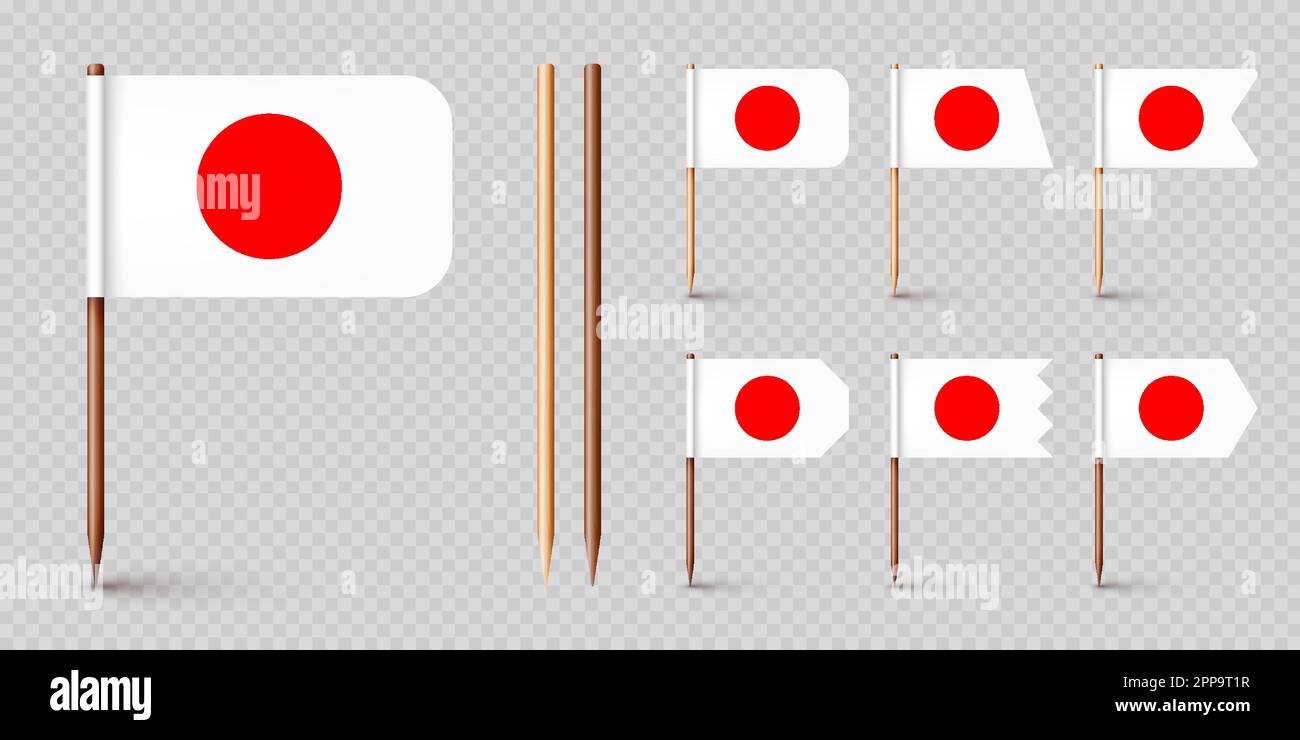 Realistic various Japanese toothpick flags. Souvenir from Japan. Wooden ...