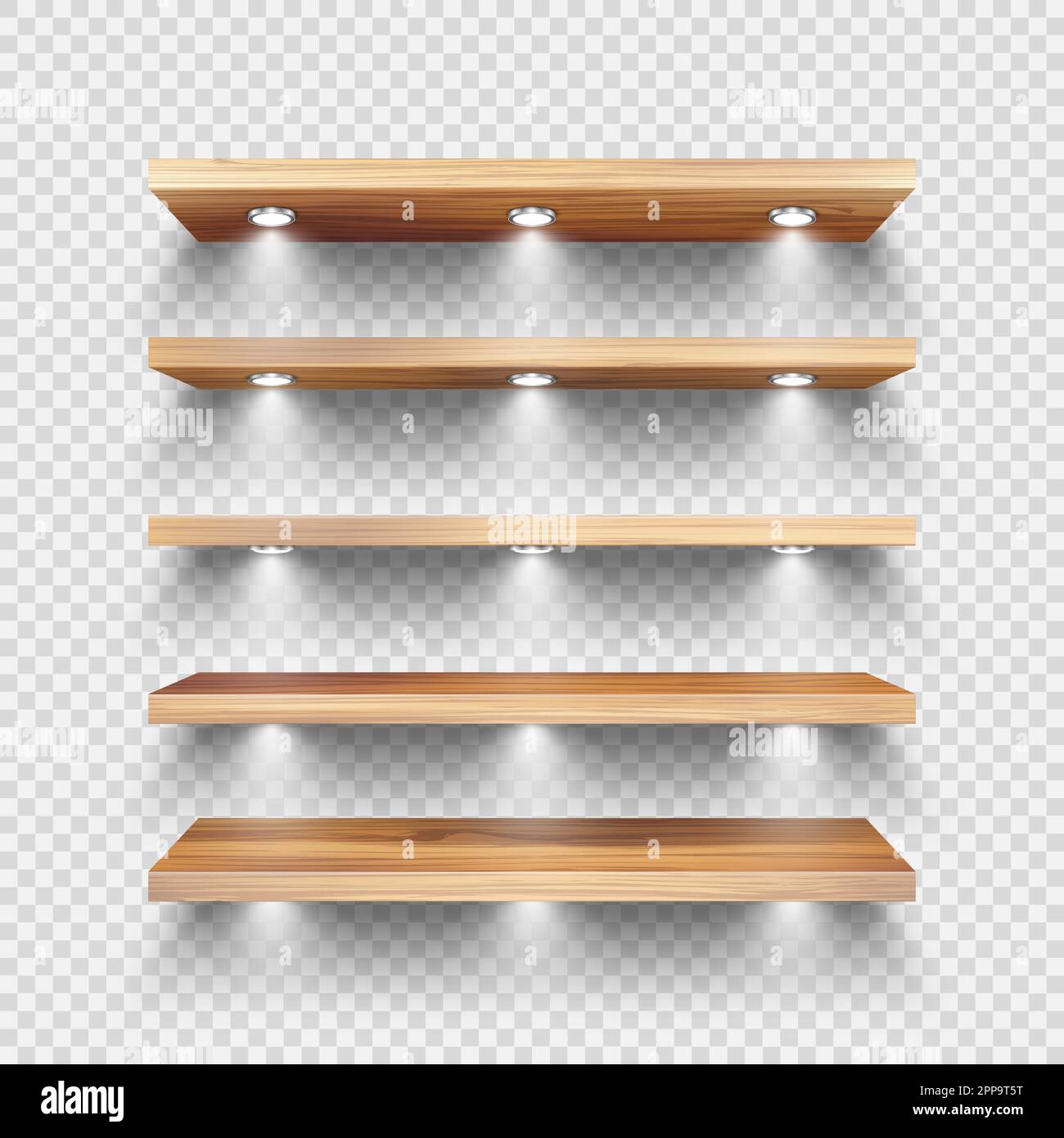 Realistic wooden store shelves with lighting, spotlights. Empty product ...