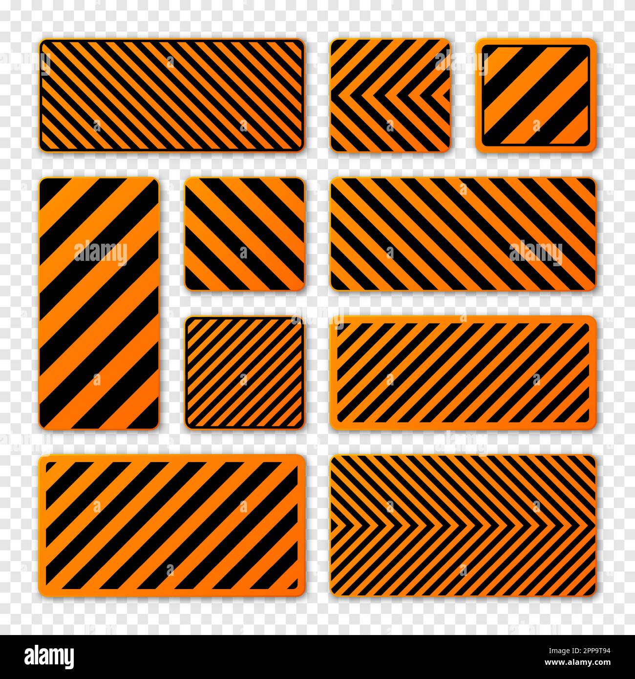 Various black and orange warning signs with diagonal lines. Attention ...