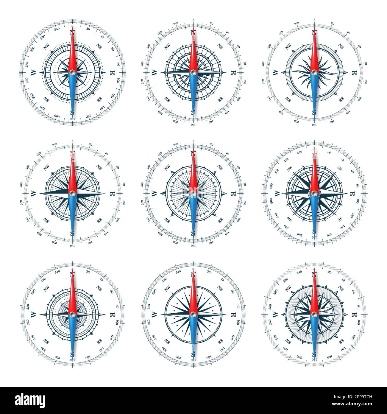 Marine compass, nautical wind rose with cardinal directions of North ...