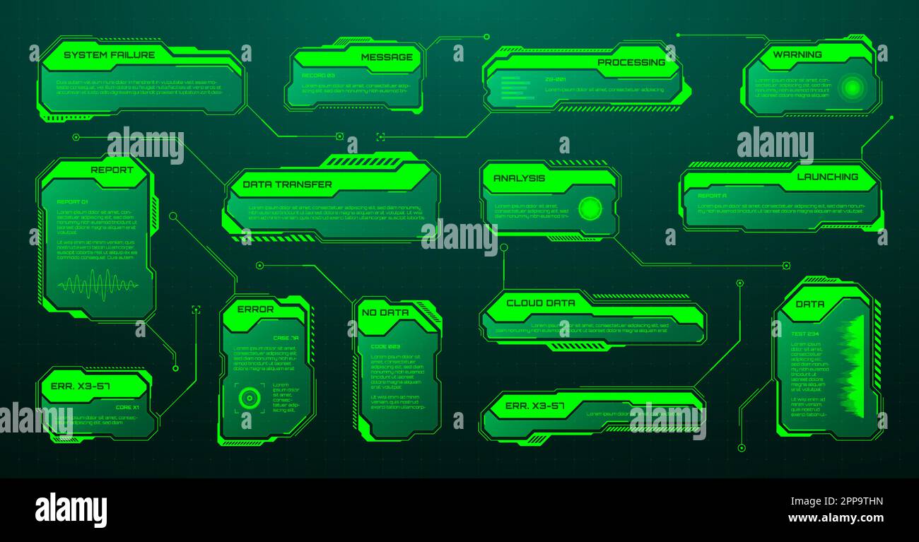 Green futuristic HUD, UI elements. Sci-fi user interface text boxes ...